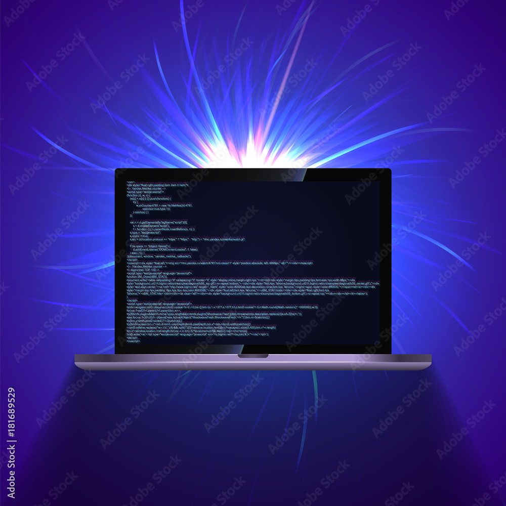 Portable laptop on glowing dark abstract technology background ...