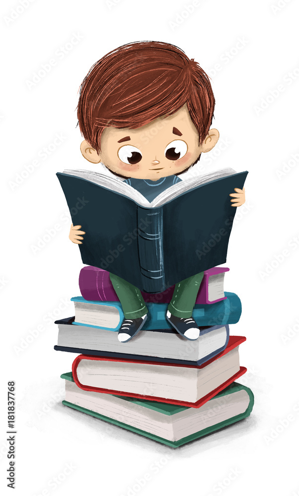 Ilustración de Stock Niño leyendo sentado en un montn de libros | Adobe ...