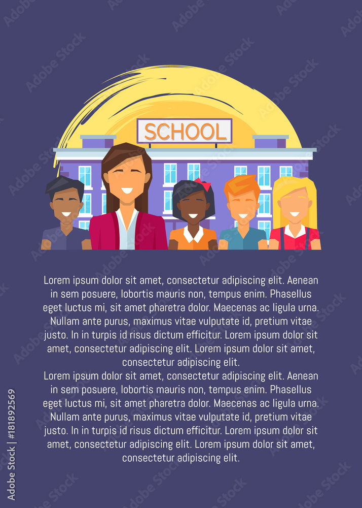 Teacher and Multinational Pupils Opposite School Stock Vector | Adobe Stock