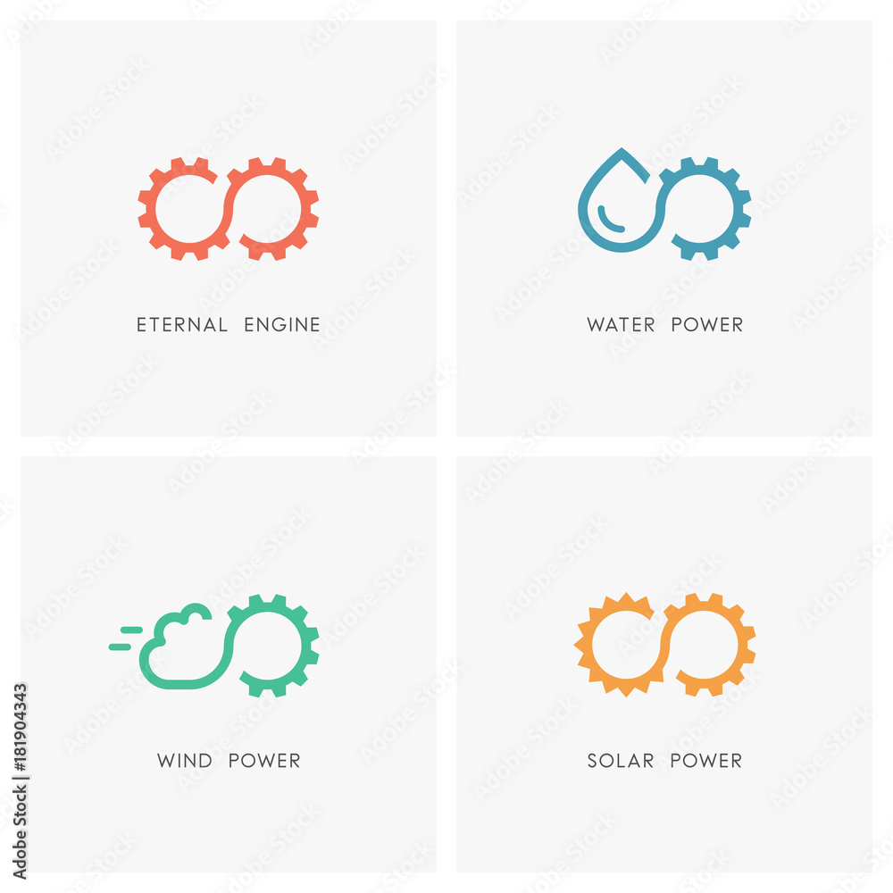 Alternative energy source logo set. Gear wheel or pinion, water, cloud ...