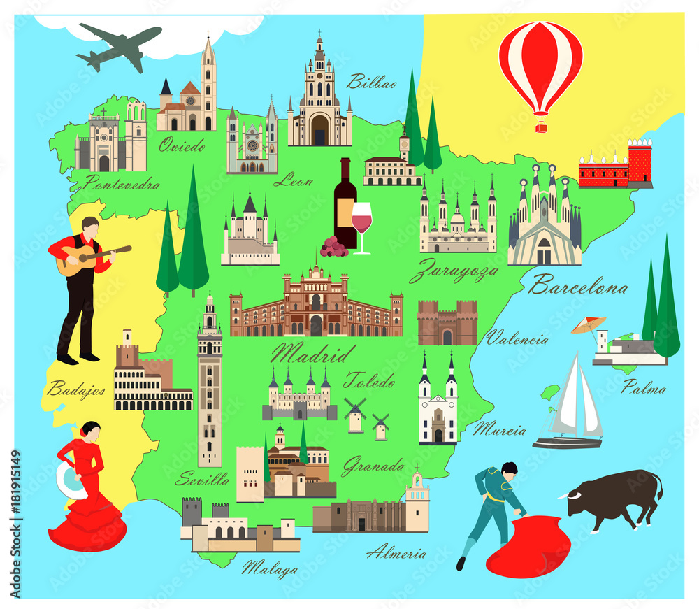 Spain travel map with sights flat style vector illustration. Popular ...