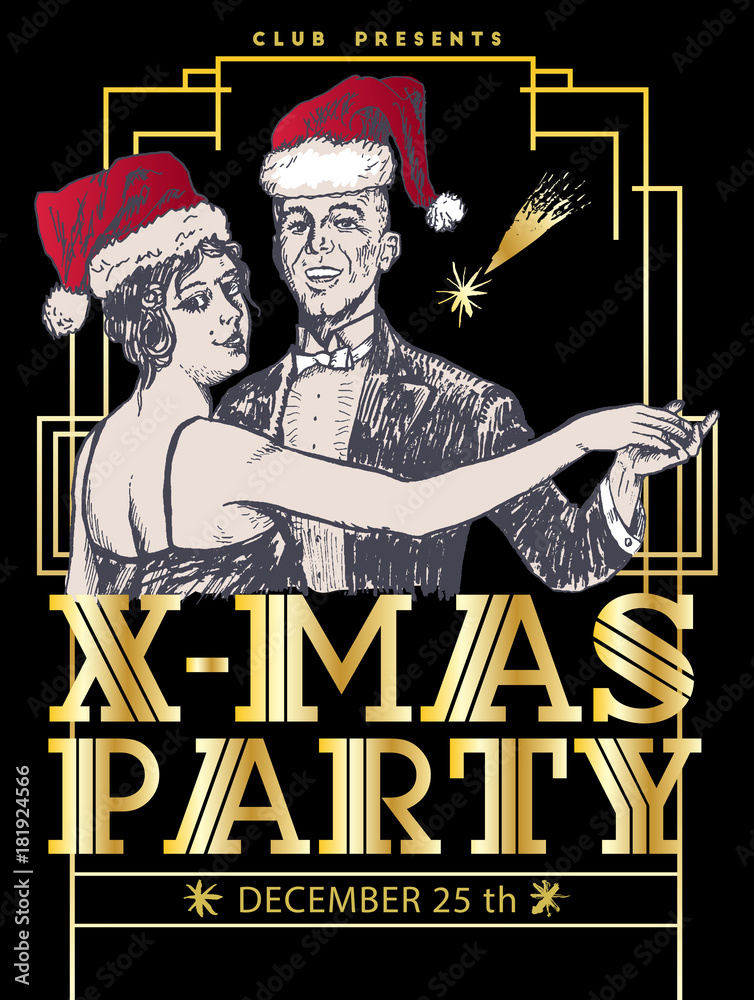 เวกเตอร์ Stock Christmas retro dance party poster template. Couple ...