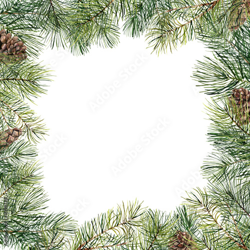Watercolor Christmas tree floral frame with pine cones. Hand painted ...