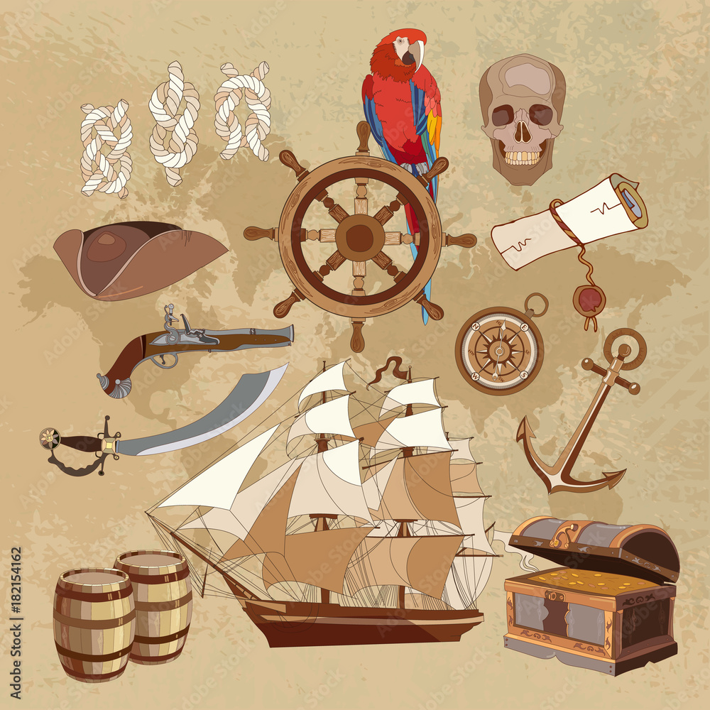 Treasure chest, parrot. steering wheel skull rum saber pirate hat and ...
