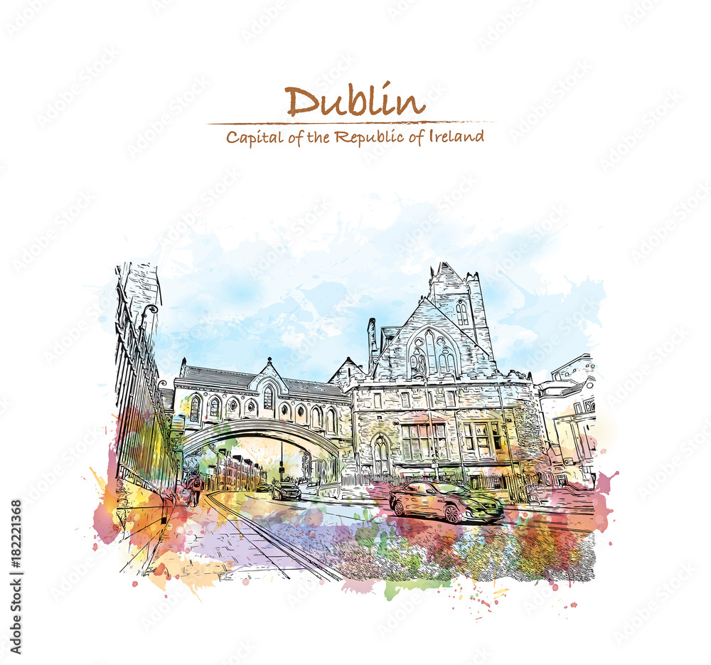 Watercolor splash with hand drawn sketch of Dublin, Ireland in vector ...