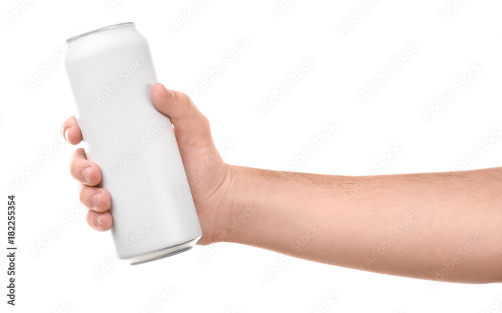 Man holding aluminum can on white background Stock Photo | Adobe Stock