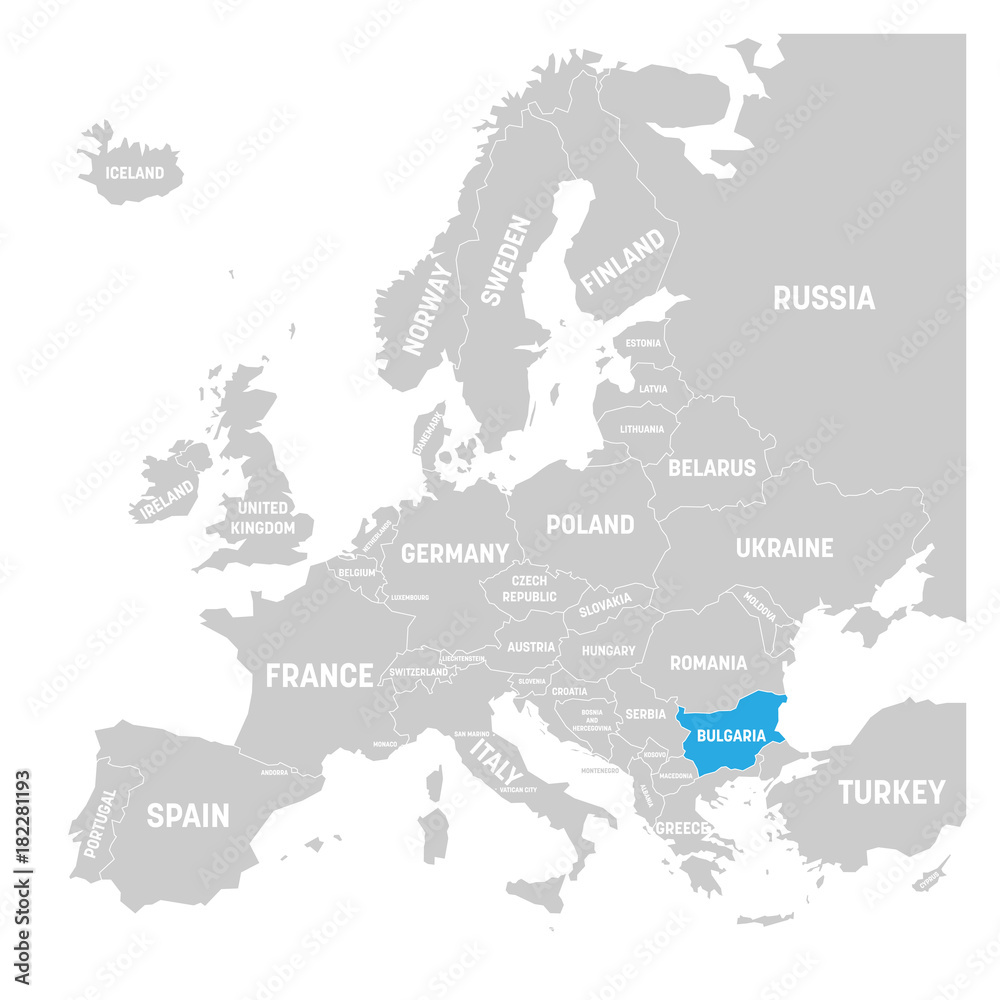 Bulgaria marked by blue in grey political map of Europe. Vector ...