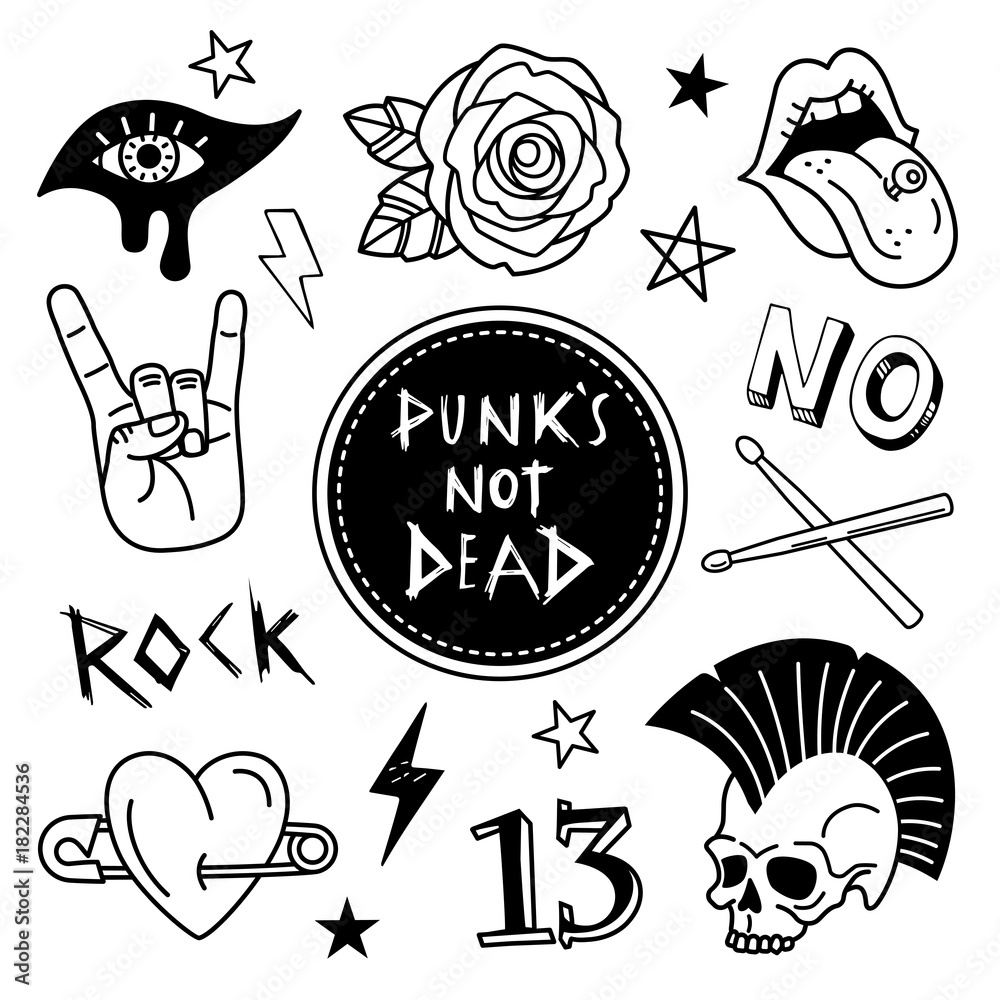 Punk icons collection. Vector illustration of grunge and rock music ...