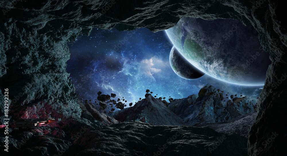 Astronauts exploring a cave in asteroid 3D rendering elements of this image furnished by NASA ...
