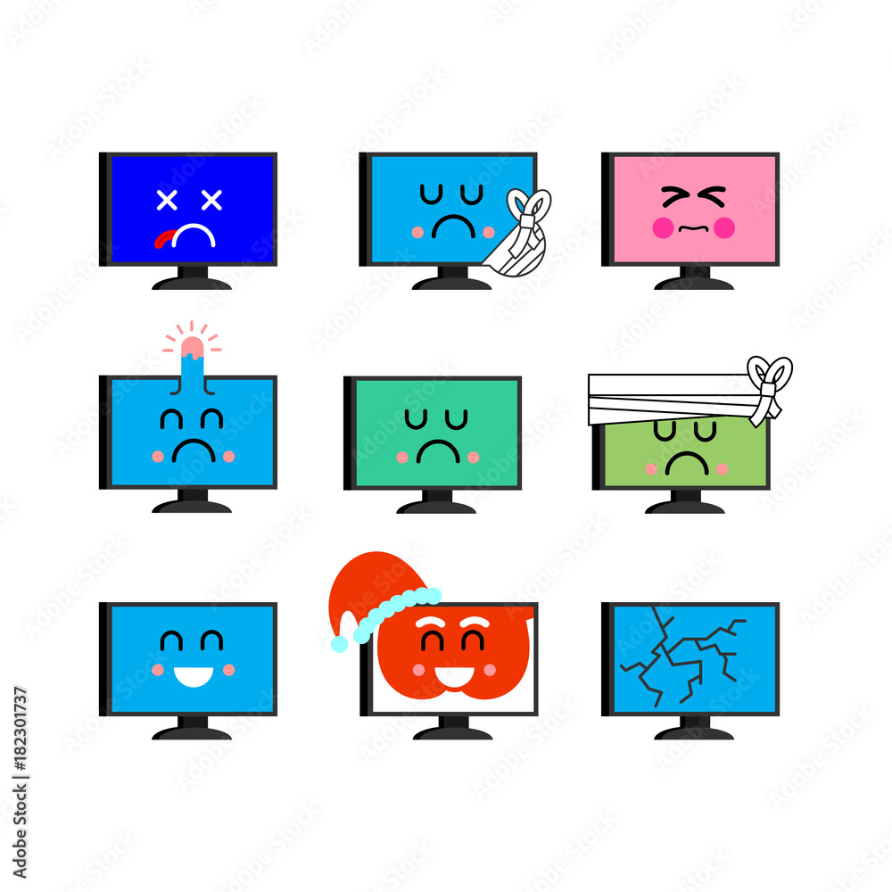 Computer emoji set. Sed and happy PC emotion. sick and dead. Angry and ...