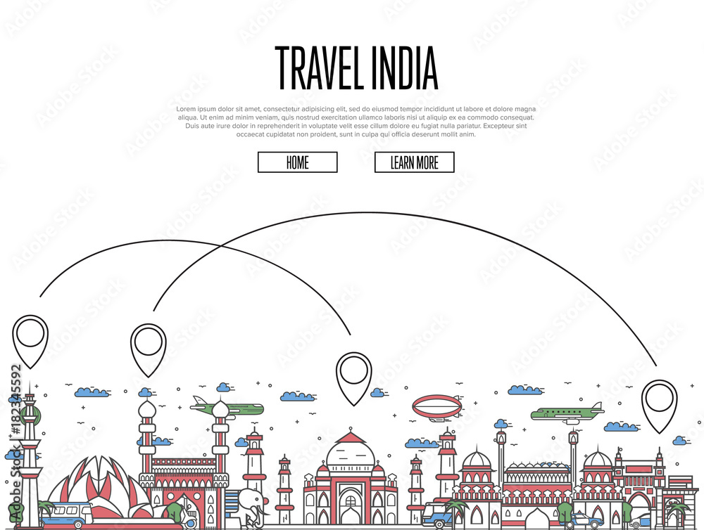 Travel India poster with national architectural attractions and air ...