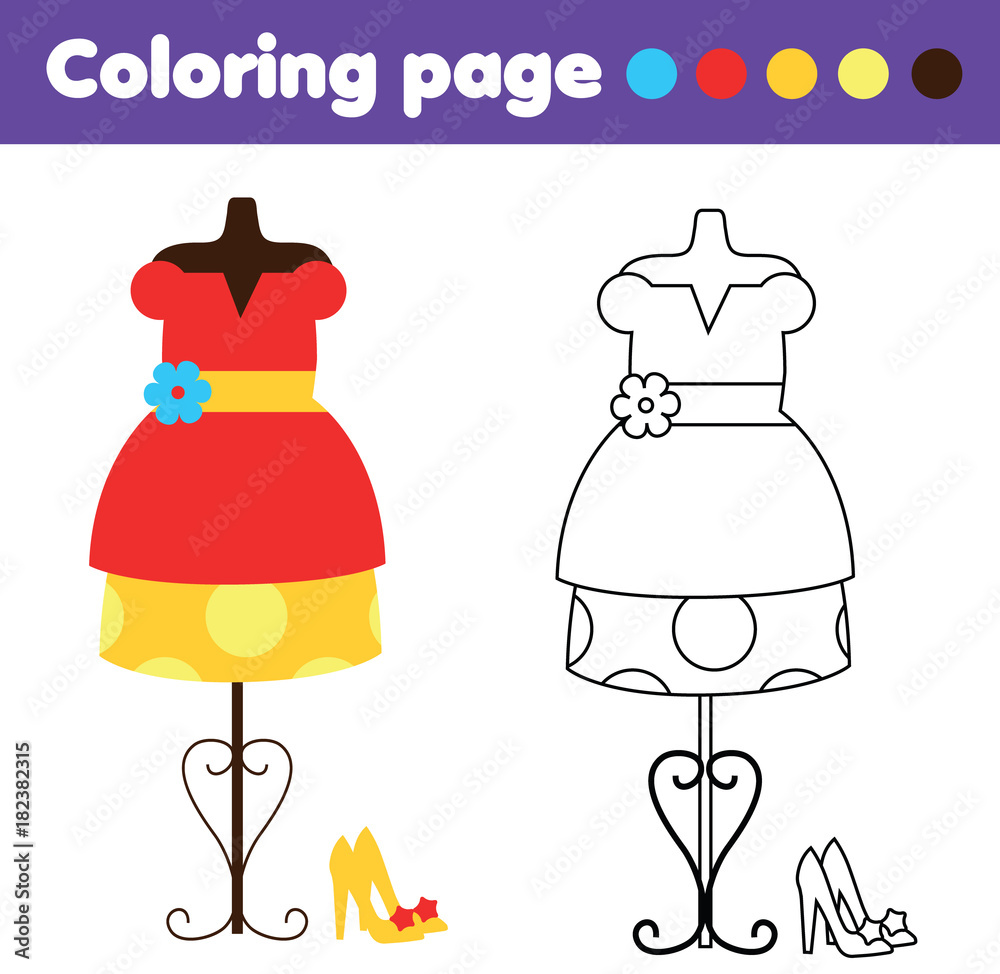Coloring page with fashion dress and shoes. Drawing kids game ...