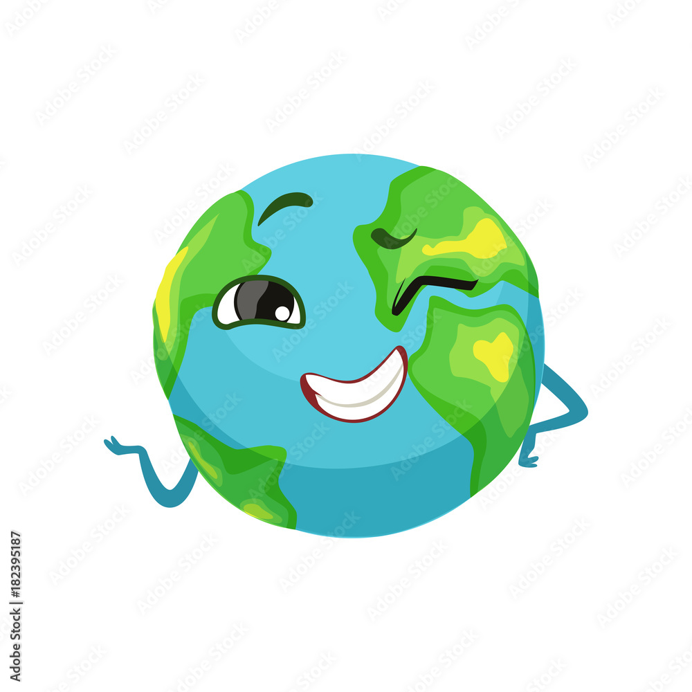 Happy Earth planet character winking, cute globe with smiley face and ...