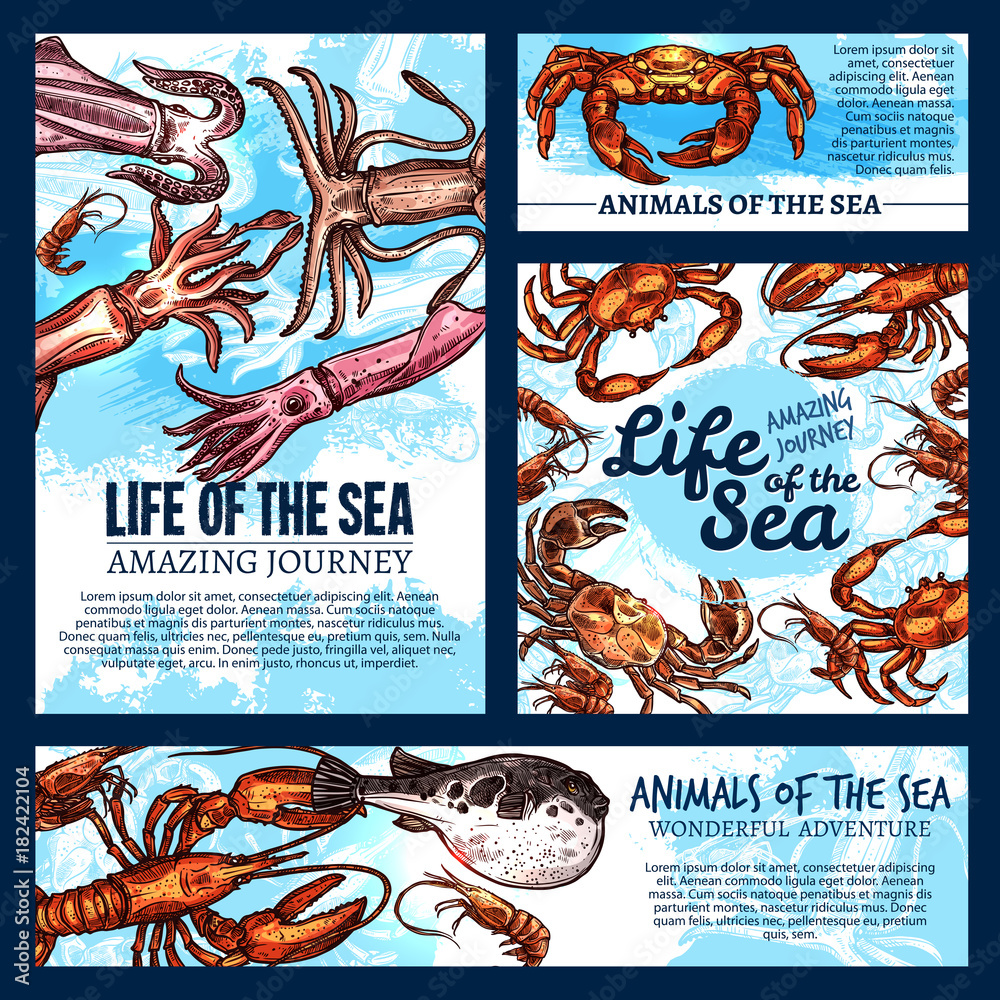 Vector sea life posters of sketch fish animals Stock Vector | Adobe Stock