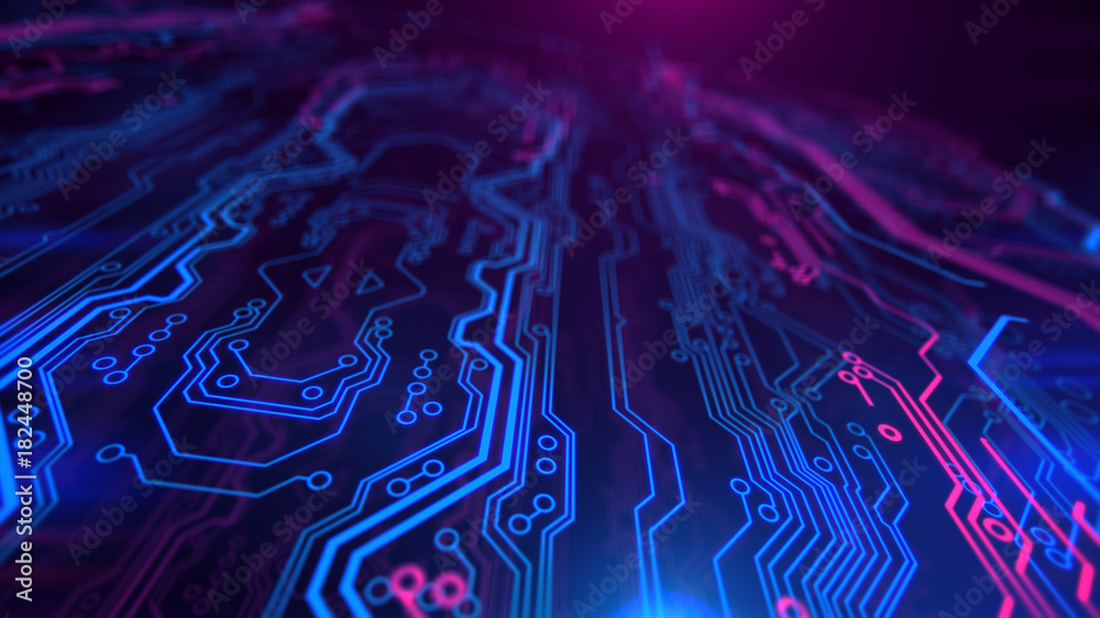 Purple, violet, blue neon background with digital integrated network ...