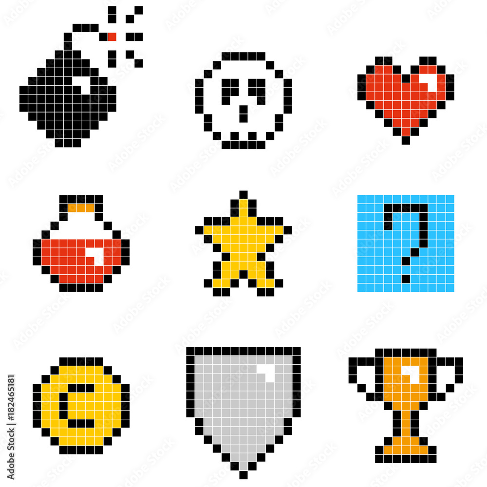 Vetor do Stock Flat simple illustration of set of minimalistic pixel art vector objects isolated ...