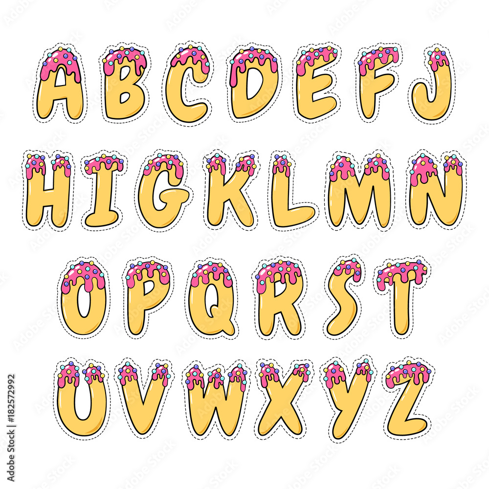 Doodle cartoon hand drawn font donut. English funny alphabet for ...