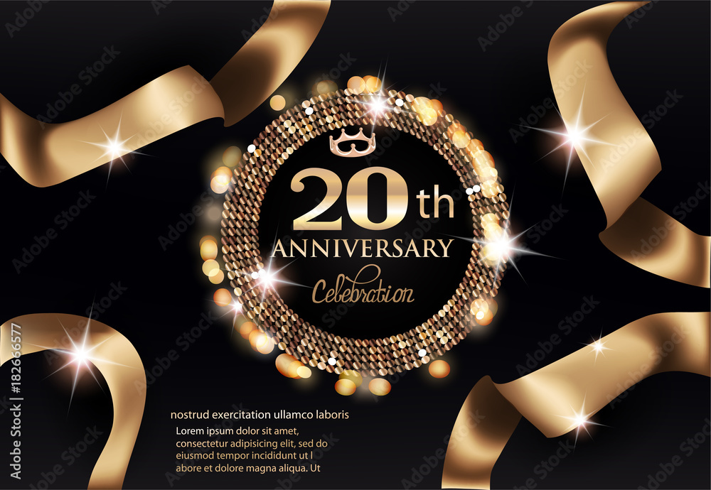 20th anniversary celebration party invitation card with gold frame and ...