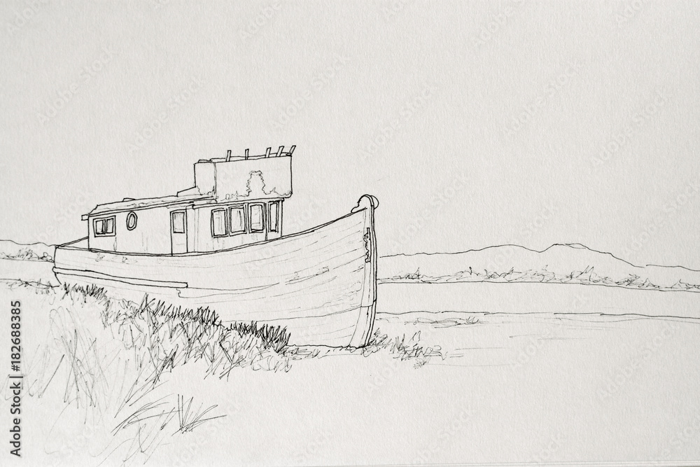 ink Line Drawing of old abandoned boat by creek. Stock Illustration ...
