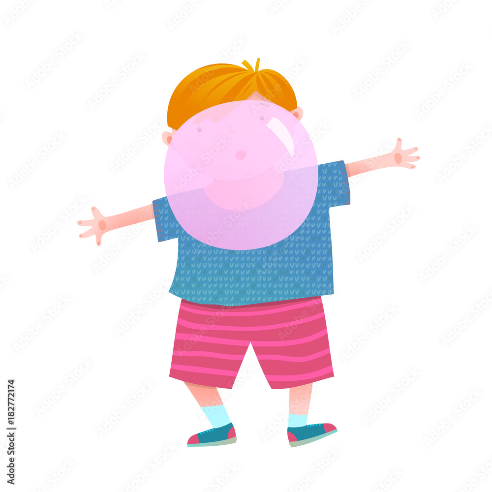 Funny little boy blowing a bubble from chewing gum colorful cartoon ...