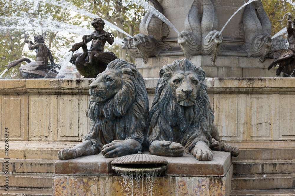 Lions of the Fontaine de la Rotonde in Aix en Provence, France, with ...