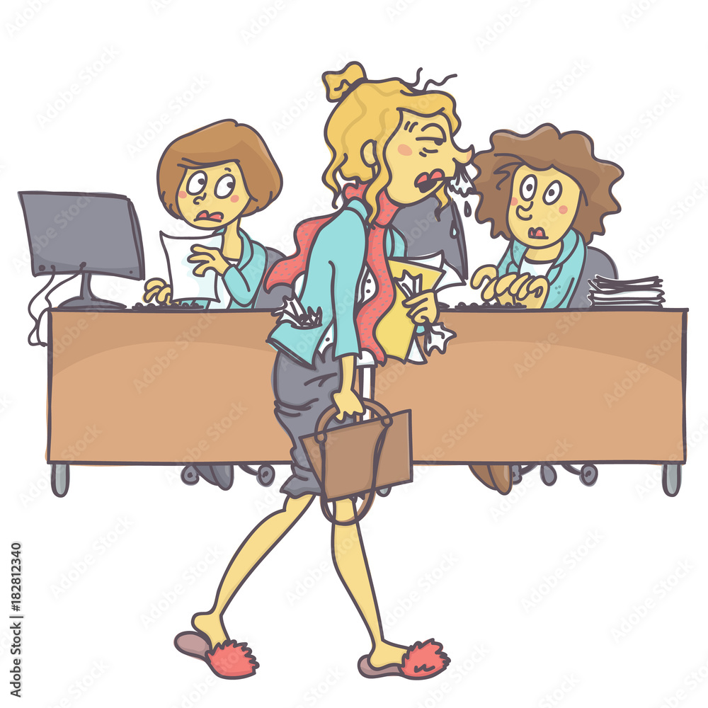 Messy and sick woman coming to office while coworkers look at her ...