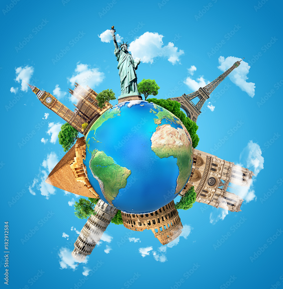 The concept of the planet with architectural landmarks of the world ...