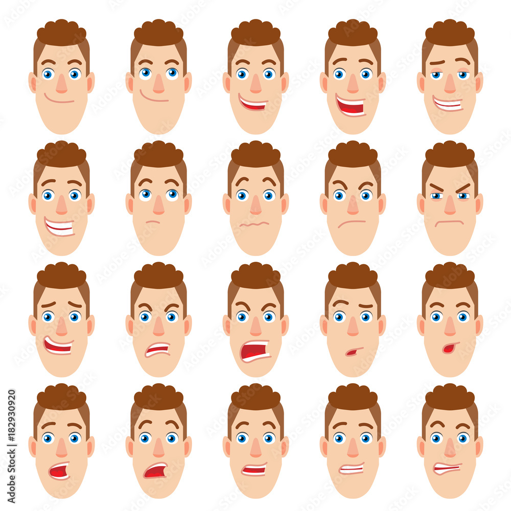 Cartoon Builder Character. Different facial expressions. Emotional set for rigging and animation ...