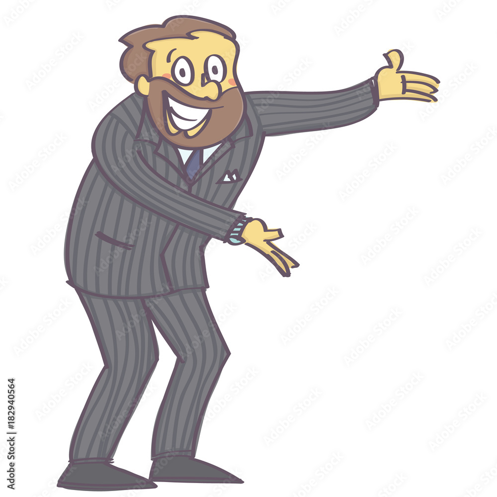 Man in welcoming or offering pose with insincere and forced smile on ...