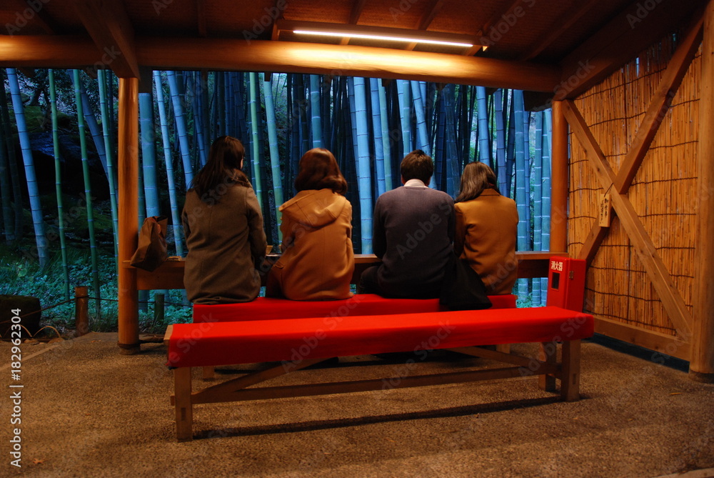 People enjoying the view of bamboo garden in Hokokuji Temple also known ...