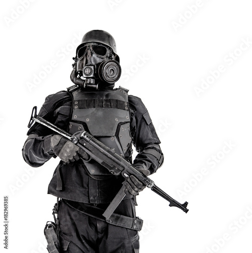 Futuristic nazi soldier gas mask and steel helmet with schmeisser ...