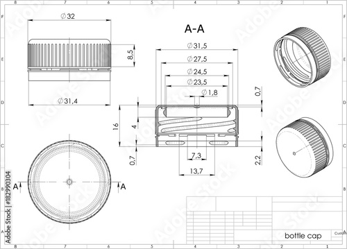 3d illustration of plastic bottle caps above engineering drawing Stock ...