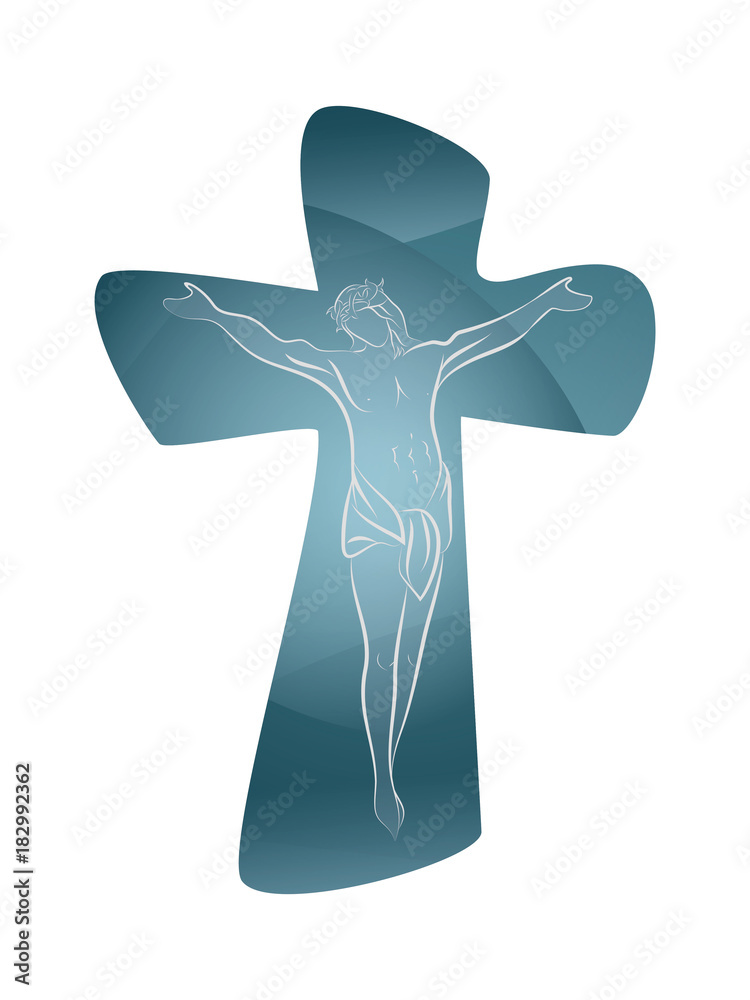 Christian cross with line art crucified jesus on pastel blue color ...