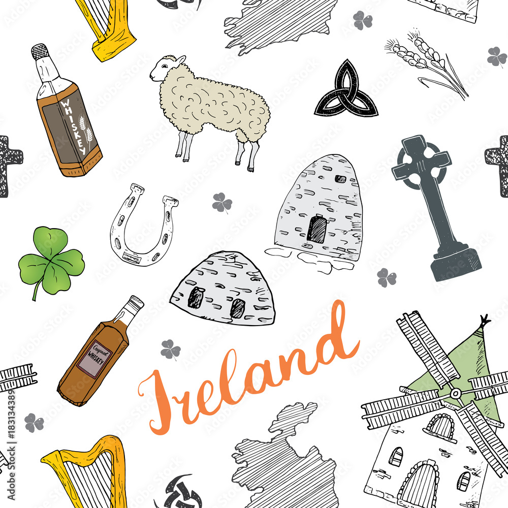 Ireland Sketch Doodles Seamless Pattern. Irish Elements with flag and ...