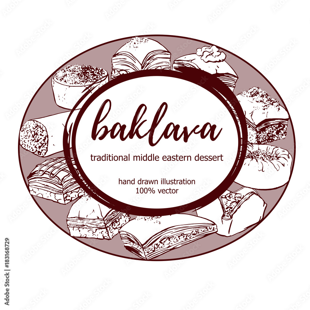 Baklava. Hand drawn vector illustration with traditional middle eastern ...