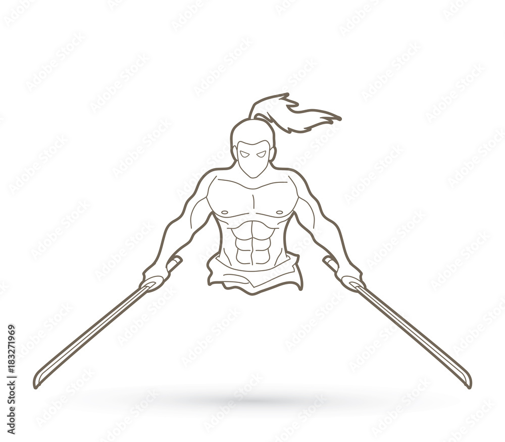 Angry Samurai standing with swords front view outline graphic vector ...