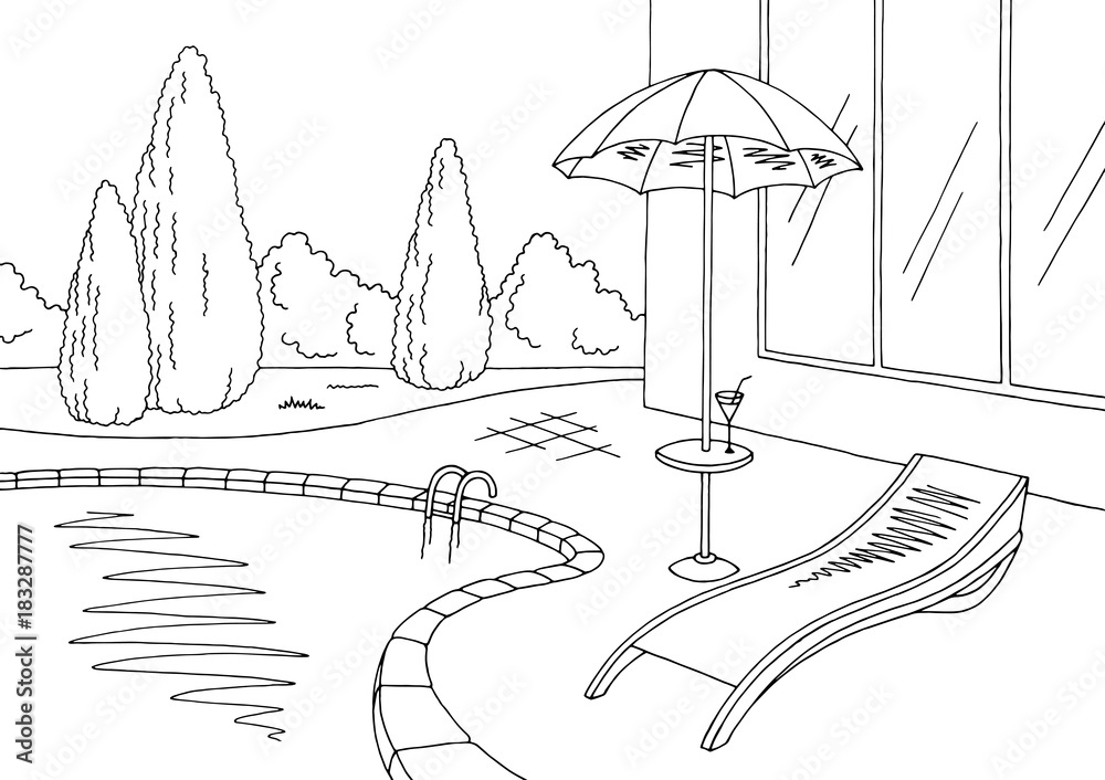Swimming pool graphic black white landscape sketch illustration vector ...