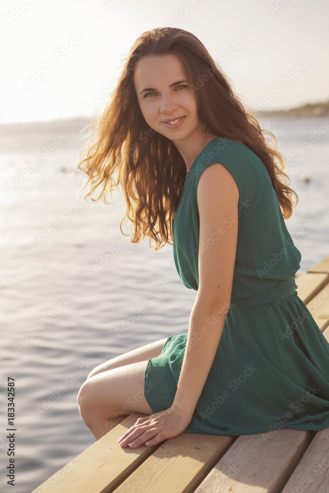 Beautiful ordinary simple fit slim caucasian brunette woman in swimsuit ...