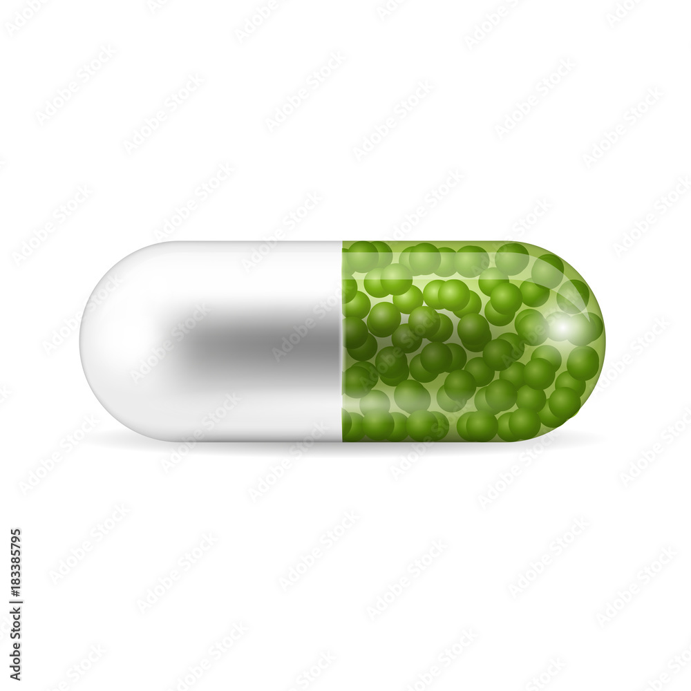 A pill in the capsule shape isolated on the white background. The two ...
