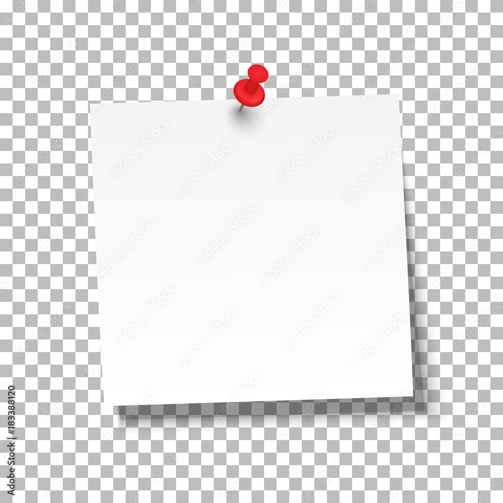 White sheet of note paper with push pin on a transparent background ...