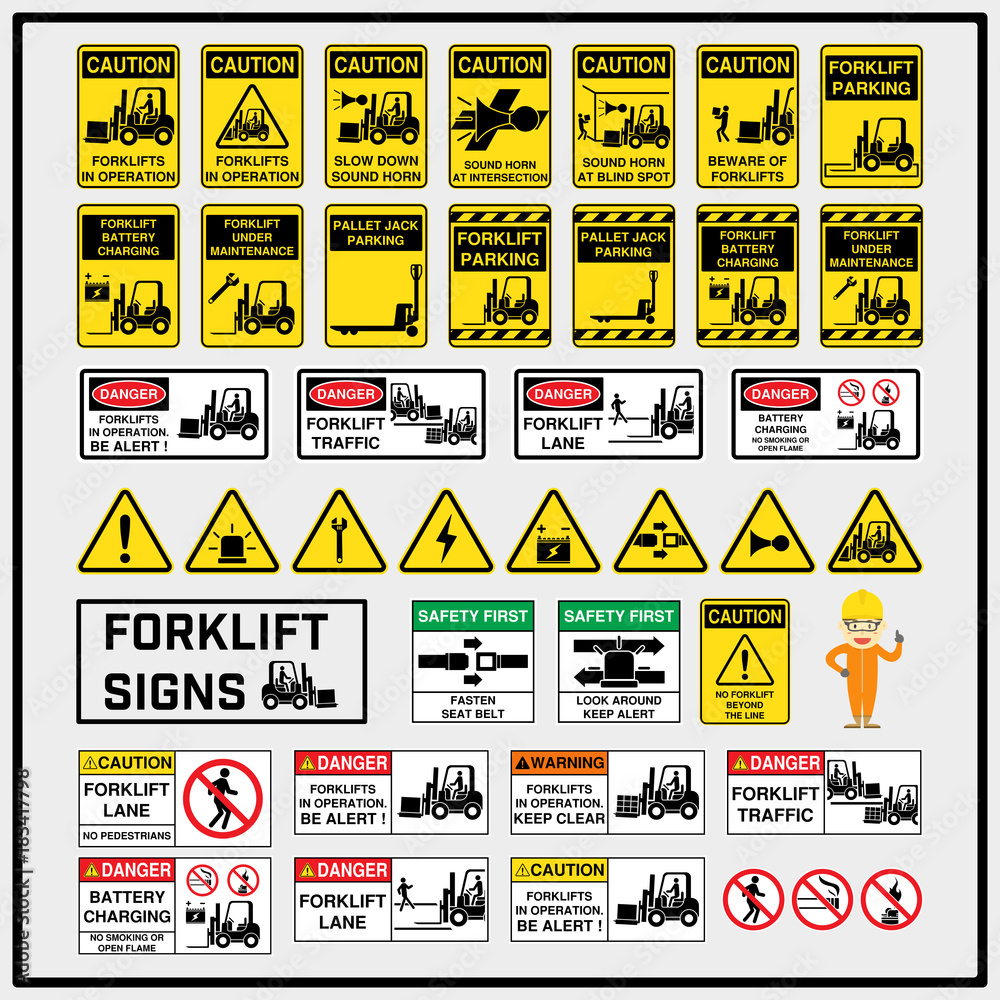 Set of safety caution signs and symbols of forklift operation, Forklift ...