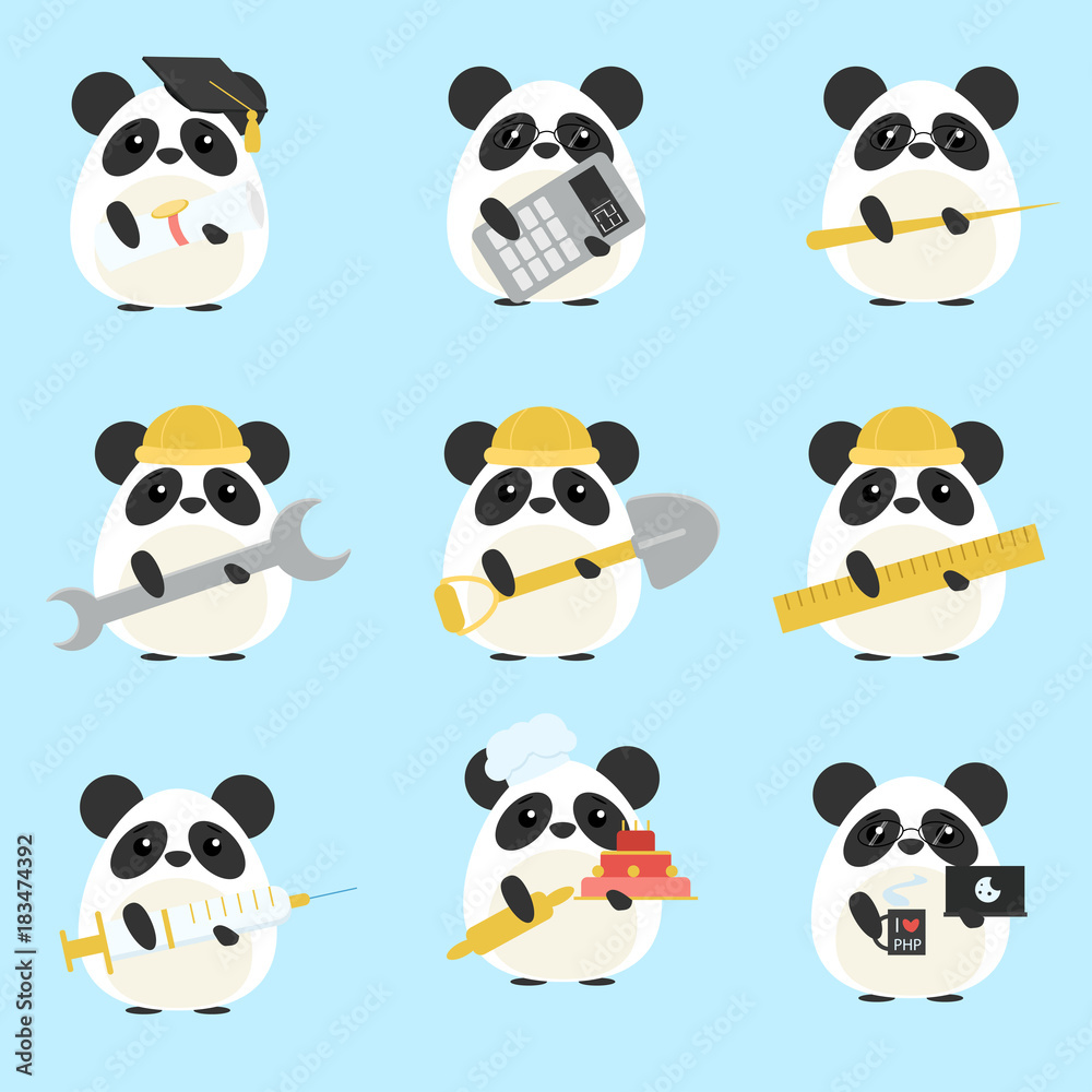 Vector set of pandas various professions: Scientist, accountant ...