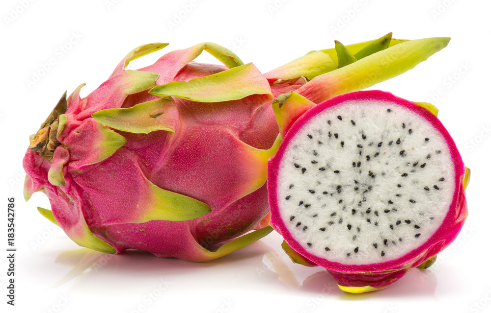 Dragon fruit (Pitaya, Pitahaya) one whole and cross section half ...