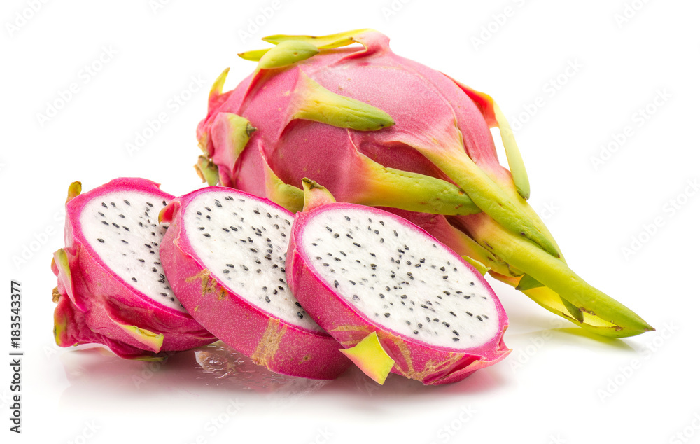Sliced dragon fruit (Pitaya, Pitahaya) isolated on white background one ...