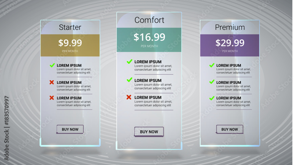 Three banners with tariffs plan. Comparison of pricing table set for ...