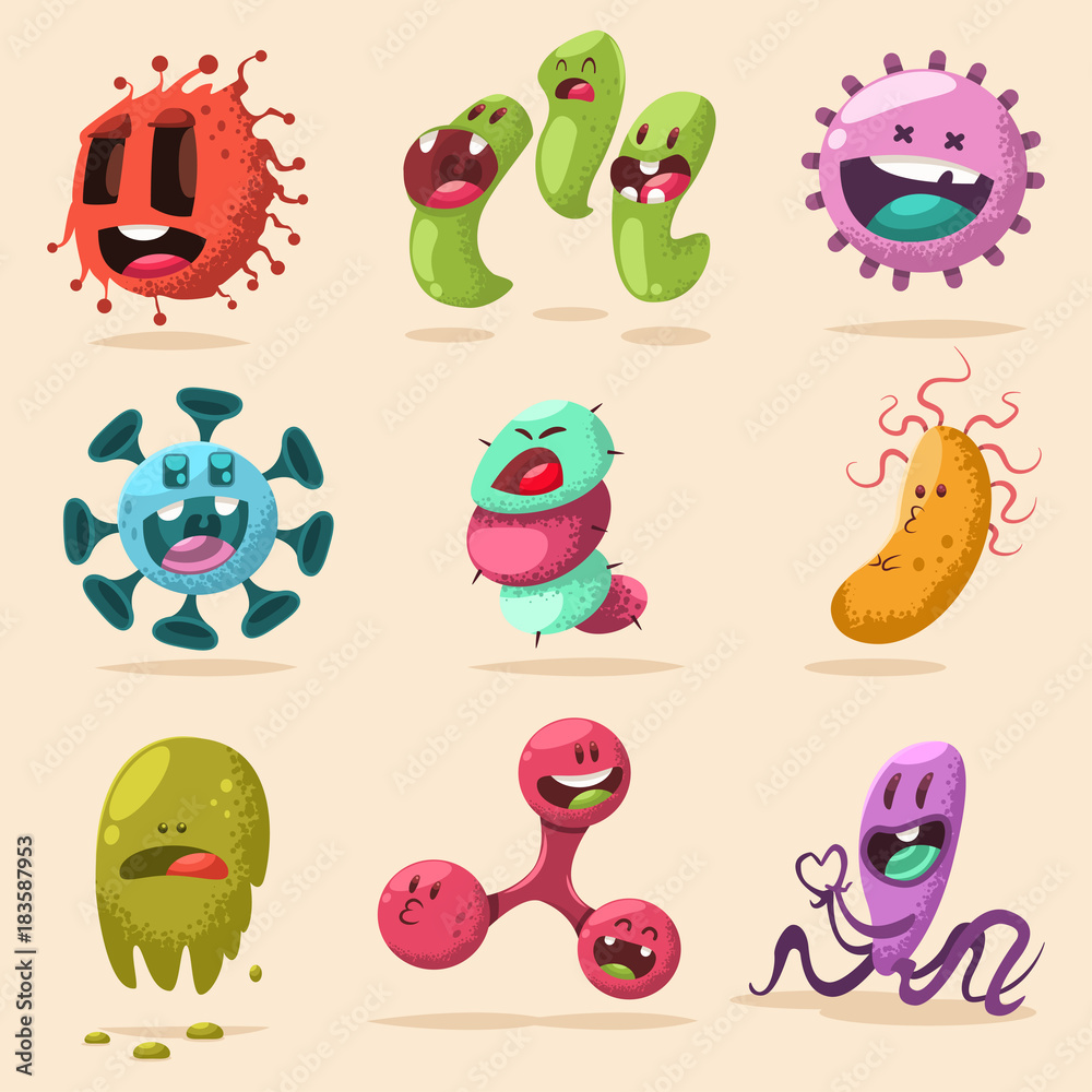 Cute bacteria, virus, germ vector cartoon character set. Microbe and ...