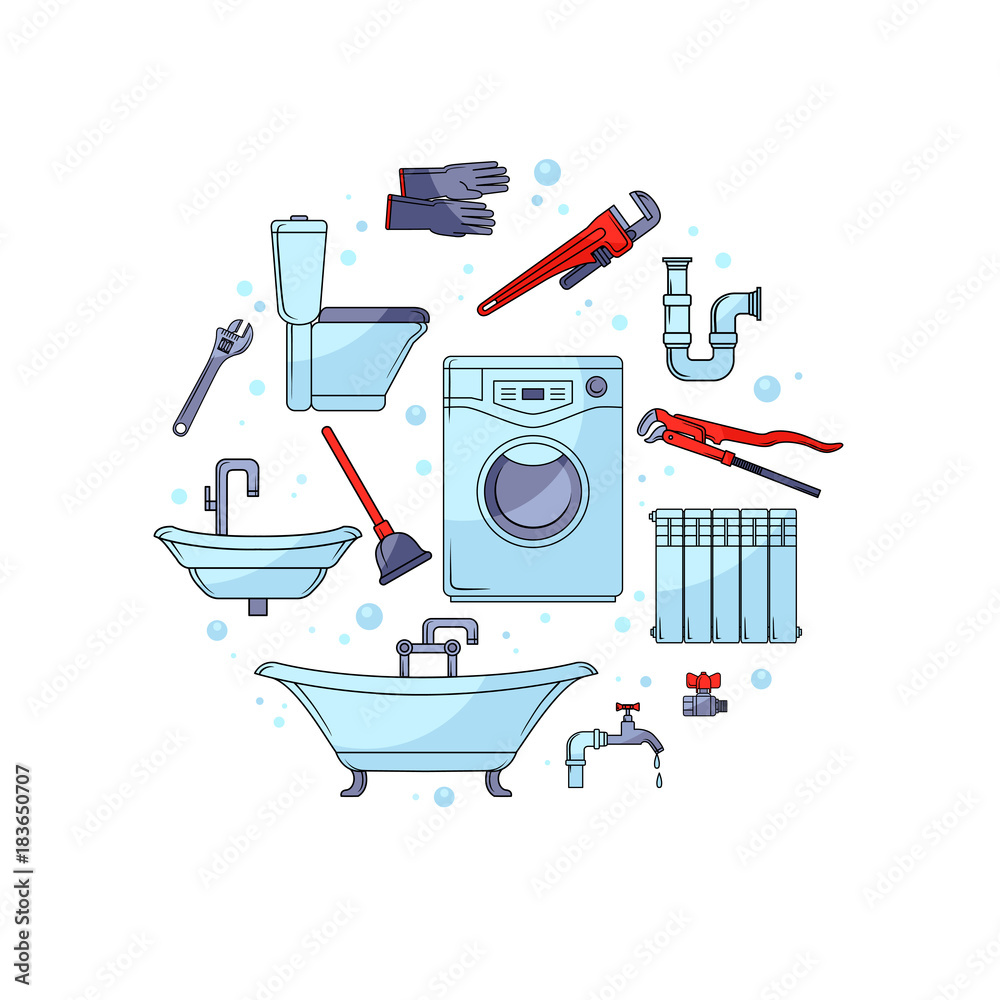 Plumbing tools, bathtub, toilet bowl, sink, washer, gloves and plunger ...