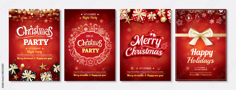 Merry christmas party glass ball and gift box for flyer brochure design ...