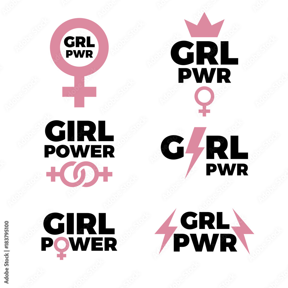 Girl power icons collection. Vector illustration of feminist slogans in ...