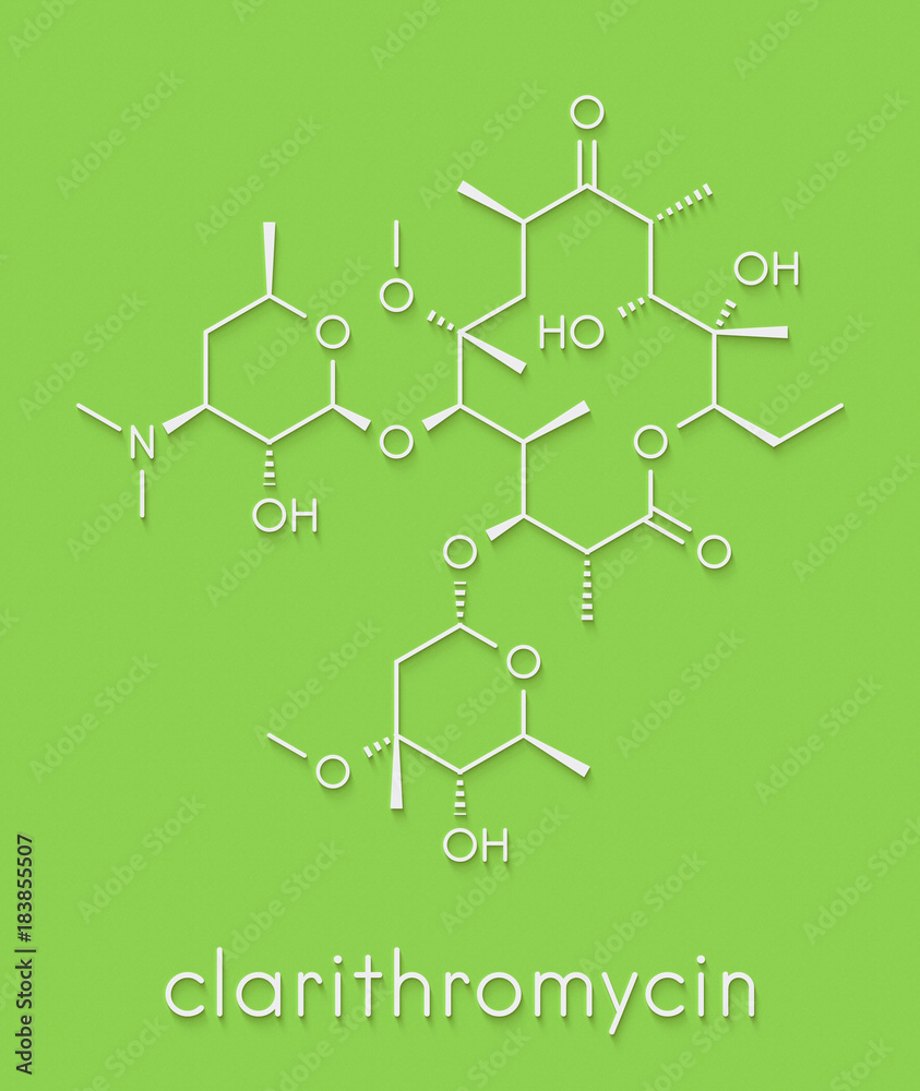 Clarithromycin antibiotic drug (macrolide class) molecule. Skeletal ...